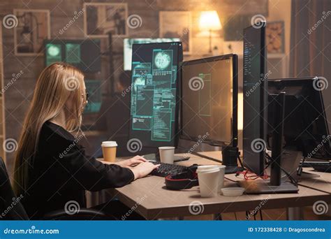Dangerous Female Hacker Writing A Virus On Computer Stock Photo Image Of Ddos Monitor