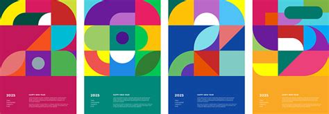 추상 기하학적 바우 하우스 모양 조합 2025 새해 복 많이 받으세요 휴일 포스터 세트 축 하 그래픽 복고풍 스타일 장식 심플한 패턴입니다 축제 현대 유행 플래 카드