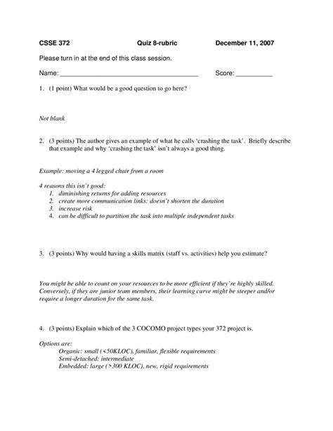 Quiz 8 Rubric Software Project Management Csse 372 Docsity