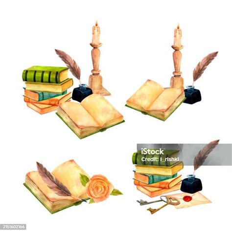 책 깃털 잉크 펜 찻잔 구성 빈티지 독서 클립 아트입니다 손으로 그린 수채화 복고풍 도서관 이미지 스티커 복고풍 전단지 및 엽서 스크랩북 개인 장식품에 대한 스톡 벡터 아트