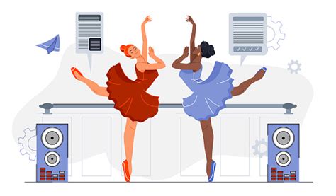 춤을 추는 두 명의 발레리나 빨간색과 파란색 드레스를 입은 어린 소녀들이 춤을 춥니다 활동적인 라이프스타일과 여가 문화적 휴식 스튜디오에서 발레 훈련 플랫 벡터 일러스트