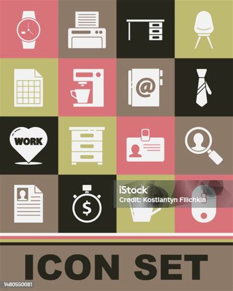 컴퓨터 마우스 검색 사람을위한 돋보기 넥타이 사무실 책상 커피 머신 파일 문서 손목 시계 및 주소록 아이콘을 설정합니다 벡터 검색에 대한 스톡 벡터 아트 및 기타 이미지