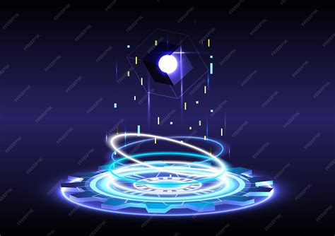 빛나는 Hud 프로젝터의 추상적 배경 포털 및 홀로그램 과학 미래형 Scifi 디지털 하이테크 게임 판타지 서클 텔레포트 연단 Gui 및 Ui 가상 현실의 매직 게이트