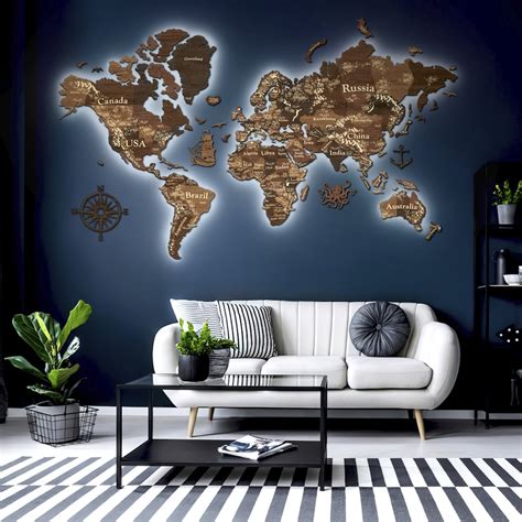 Wooden World Map Wall Decor Large Wall Art T For Husband Led Wood Wall Map Travel Decor