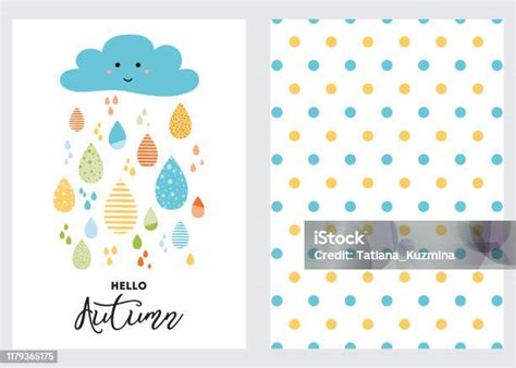 비 구름 세트의 재미 다채로운 방울 벡터 가을 배너 가을 폴카 도트 배경 미소 캐릭터 비에 대한 스톡 벡터 아트 및 기타 이미지 비 0명 가을 Istock