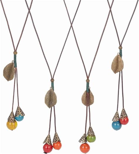 4 Pcs Bohemian Leaf Colorful Ceramic Beads Necklaces For Women Men Long