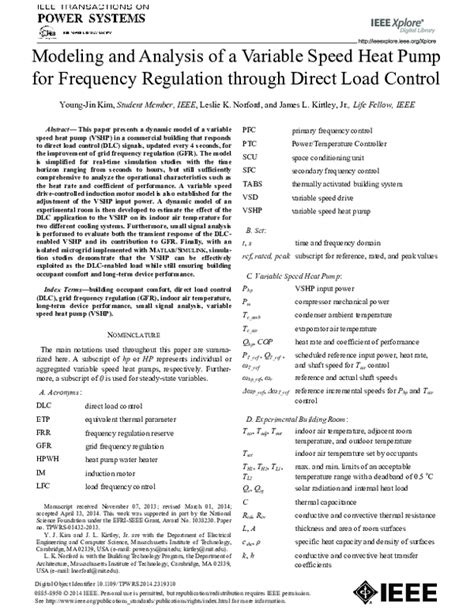 Pdf Modeling And Analysis Of A Variable Speed Heat Pump For Frequency Regulation Through