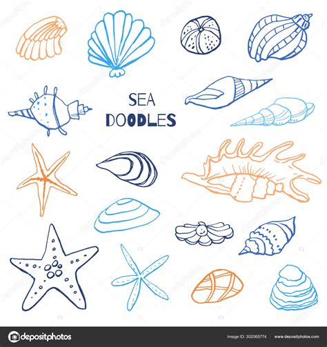 Collection Sea Shell Ink Doodles White Backdrop Seamless Pattern