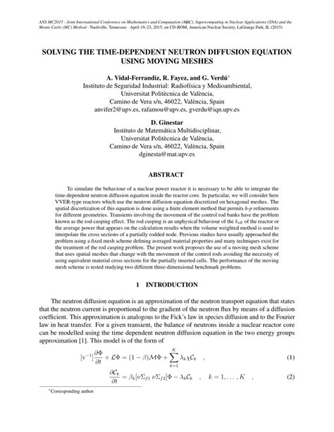 Pdf Solving The Time Dependent Neutron Diffusion Equation Using Moving Meshes