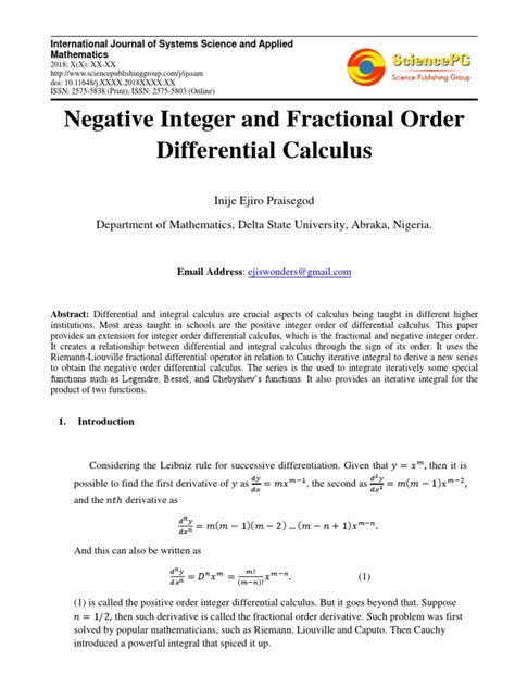 Negative Integer And Fractional Order Differential Calculus By Ejiro Inije Pdf Differential