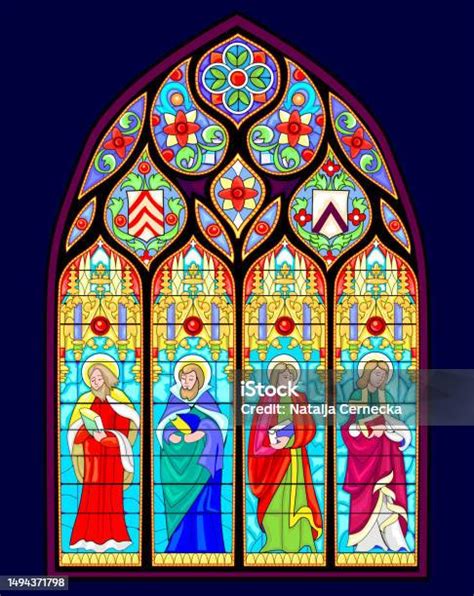 아름 다운 화려한 중세 스테인드 글라스 창문입니다 고딕 양식의 건축 양식 거룩한 글을 쓴 거룩한 사도들 프랑스 교회의 건축 서유럽의 중세 시대 벡터 그리기 스테인드글라스에