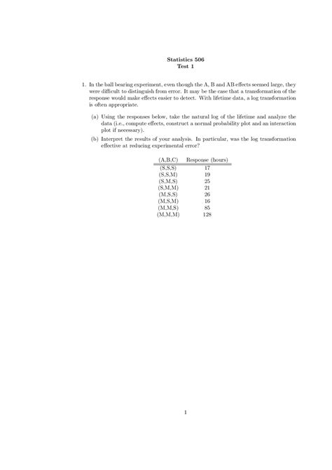 Sample Exam 1 For Introduction To Experimental Design Stat 506 Docsity