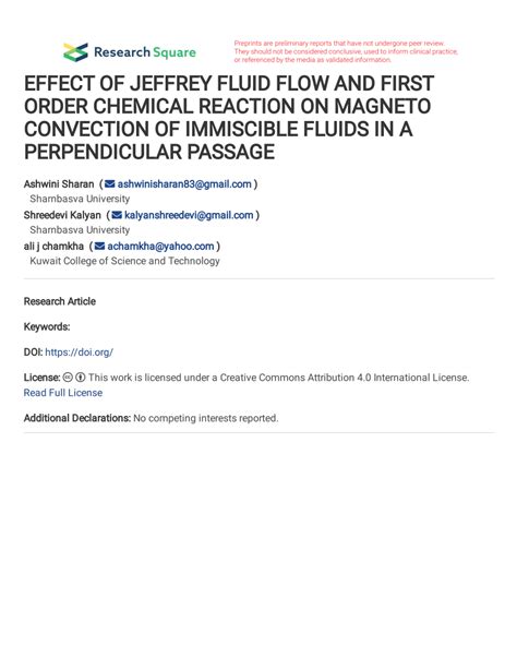 Pdf Effect Of Jeffrey Fluid Flow And First Order Chemical Reaction On Magneto Convection Of
