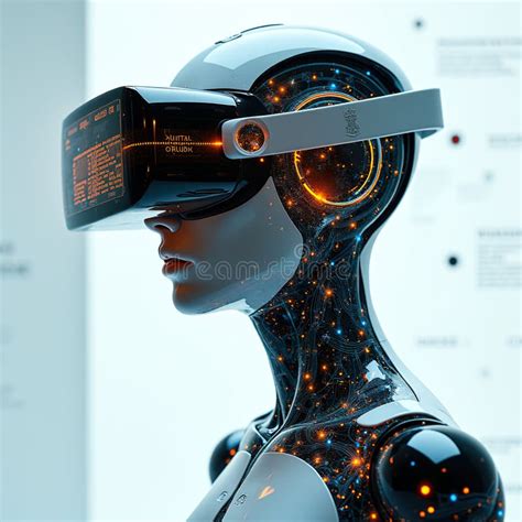 Female Robot Model Wearing A Futuristic Virtual Reality Headset Stock