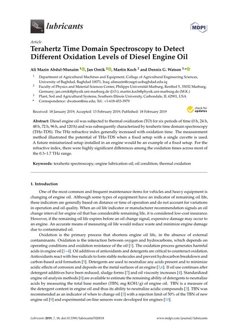 Pdf Terahertz Time Domain Spectroscopy To Detect Different Oxidation Levels Of Diesel Engine Oil