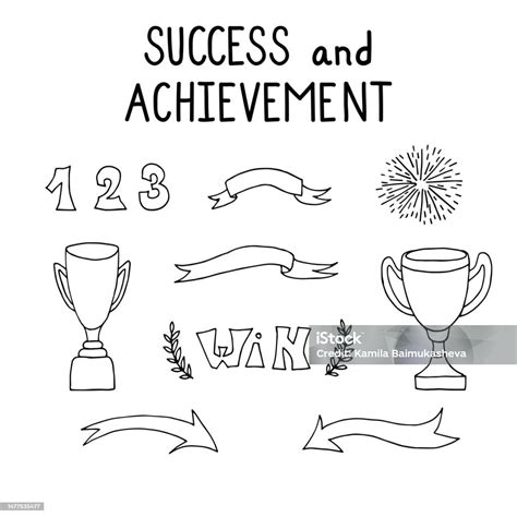 리본 불꽃 놀이 컵 승리 숫자 1 2 3 가지 화살표 업적과 상을 주제로 설정된 벡터 낙서 1위에 대한 스톡 벡터 아트 및 기타