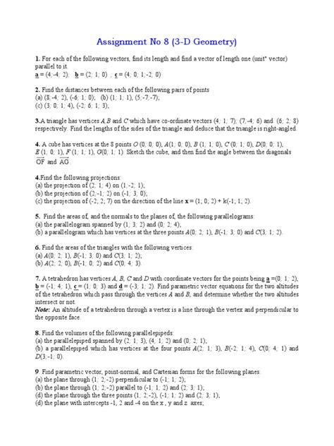 Assignment No 8 3 D Geometry Pdf Line Geometry Plane Geometry