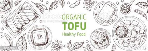 두부 상단보기 프레임 손으로 그린 벡터 일러스트레이션 두부 스케치 아시아 음식 콩 스케치 두부 요리 비건 음식 빈티지 디자인 템플릿 제품 디자인 포장 조리법 책 메뉴에