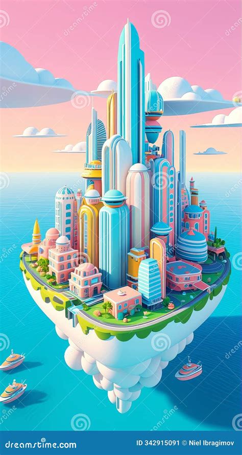 Futuristic Floating Cityscape With Vibrant Architecture Above The Ocean Stock Image Image Of