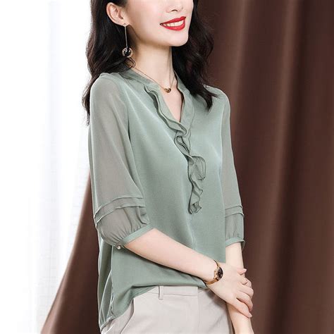 重磅真丝衬衫女2023夏短袖杭州新款木耳边缎面宽松小衫桑蚕丝上衣 阿里巴巴