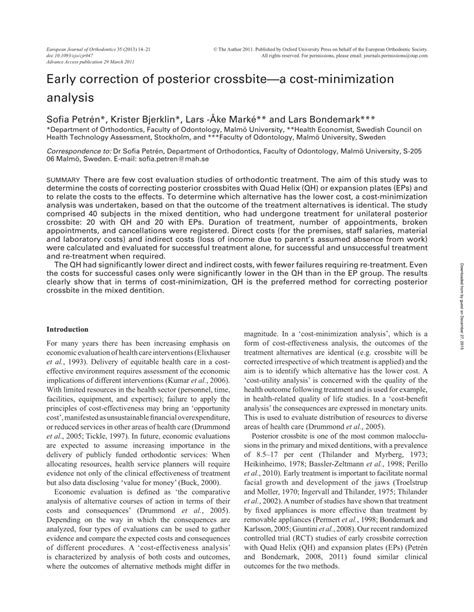 Pdf Early Correction Of Posterior Crossbite A Cost Minimization Analysis