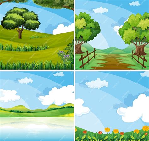 필드와 호수 일러스트와 함께 자연 현장 무료 벡터