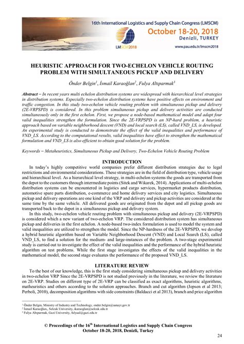 Pdf Heuristic Approach For Two Echelon Vehicle Routing Problem With Simultaneous Pickup And