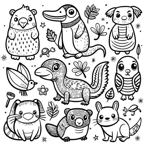 A Collection Of Cute Doodle Animals Including A Platypus Bear Squirrel