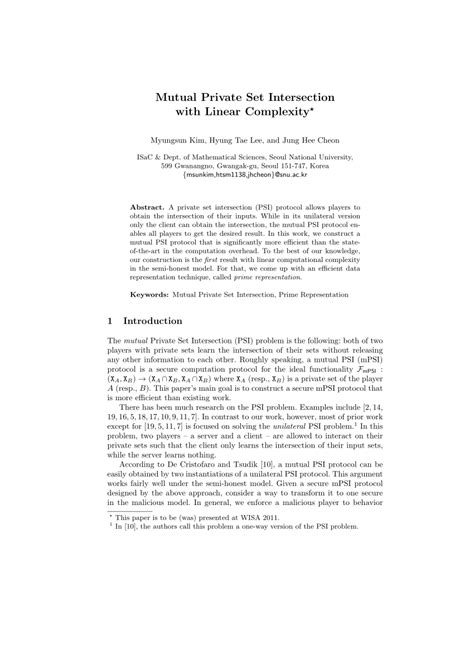 Pdf Mutual Private Set Intersection With Linear Complexity