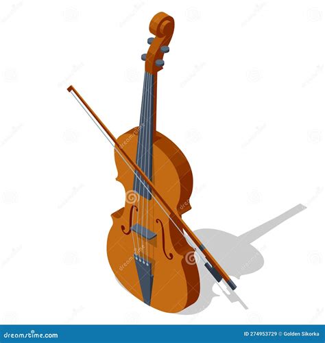Isometric Violin With Fiddlestick Isolated On A White Background Classical Stringed Musical