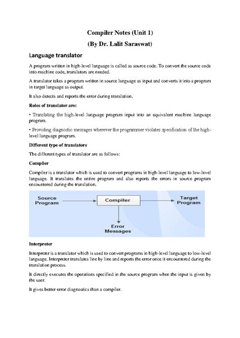 Compiler Design Notes For Study Compiler Notes Unit By Dr Lalit Saraswat Language