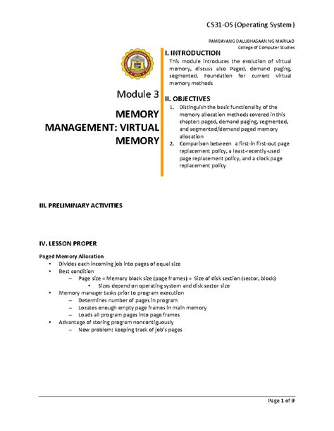 CS31Operating System Module 3CS31 OS Lecture Notes 11 PAMBAYANG DALUBHASAAN NG MARILAO