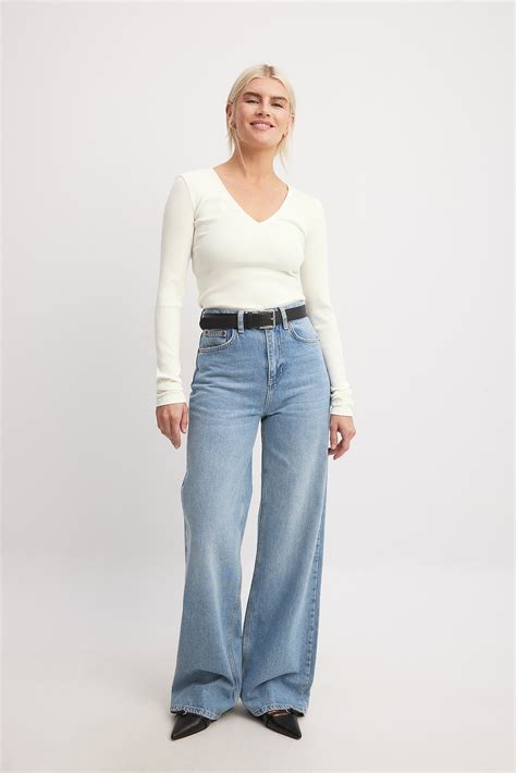 V Neck Ribbed Long Sleeve Top Offwhite Na Kd