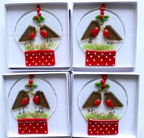 Robins In A Snowglobe Fused Glass Christmas D Folksy