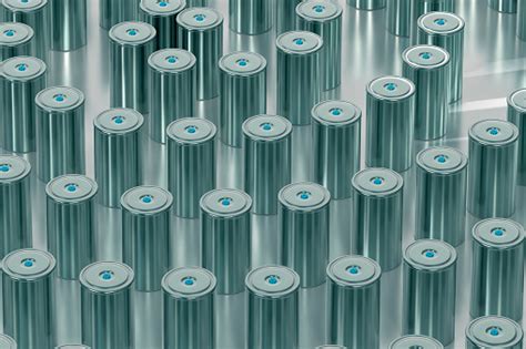 배터리 모듈용 Lot 리튬 트랙션 4680 축전지 양산 배터리 고전력 전기 자동차용 에너지 건식 전극 대체 에너지 개발 개념 3d 렌더링 배터리 전원에 대한 스톡 사진 및