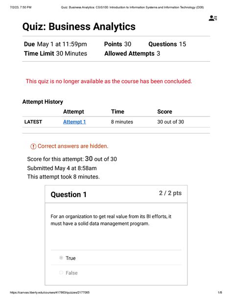 Quiz Business Analytics Csis100 Introduction To Information Systems And Information Technology
