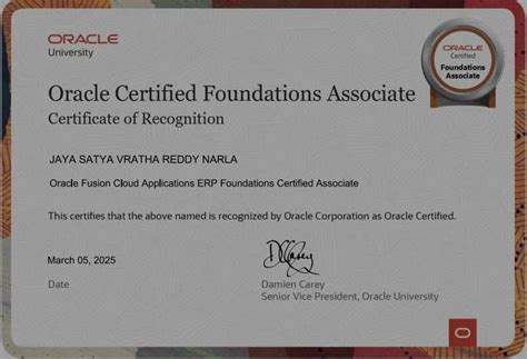 Happy To Share That I Have Earned The Oracle Fusion Cloud Erp Foundations Certified Associate