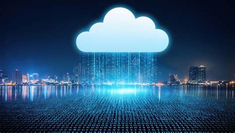 Glowing Cloud Emits Streams Of Binary Code Creating Digital Rain Effect Over City Skyline At