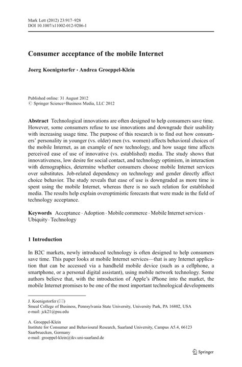 Pdf Consumer Acceptance Of The Mobile Internet