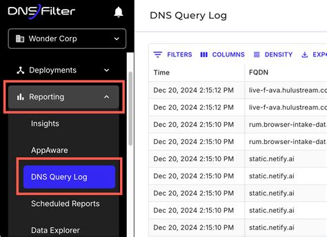 DNS Query Log Dashboard Navigation DNSFilter