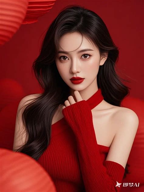 红色新年氛围背景加红色衣服医美美女模特 大气唯美轮廓清晰高级 打光大师级构图 1 花瓣网