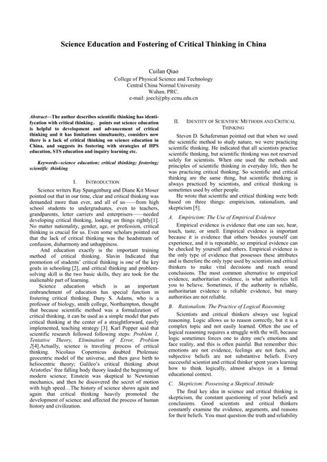 Pdf Science Education And Fostering Of Critical Thinking In China
