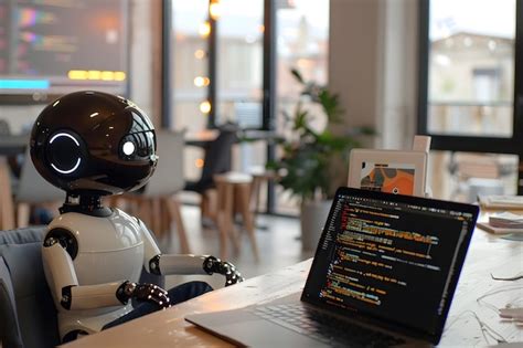 robot programmer working on laptop at desk in office setting premium