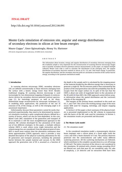 Pdf Monte Carlo Simulation Of Emission Site Angular And Energy Distributions Of Secondary