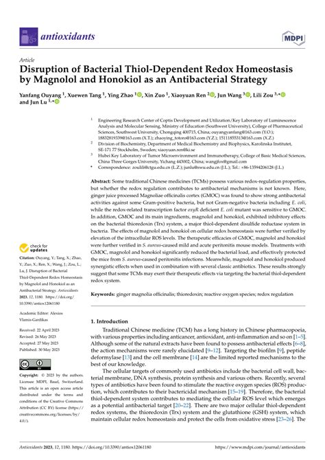 Pdf Disruption Of Bacterial Thiol Dependent Redox Homeostasis By Magnolol And Honokiol As An