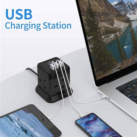 Hulker 3m Cube Extension Lead With 3 Slots 4 Gang Plug Socket With Switch 4 Way Power Strip With