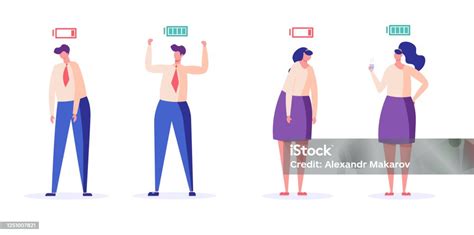 낮은 전체 에너지를 가진 다른 사람들 피곤한 사람들 스트레스와 정서적 소진 좌절한 노동자 비효율성 전체 배터리 강력한 작업자의 개념 플랫 디자인의 벡터 일러스트레이션