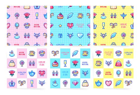 귀엽고 소녀 같은 축하 디자인을 위한 픽셀 아트 이음매 없는 패턴 모음 장난스럽고 매력적인 복고풍 모티프 질감 배경 8에 대한 스톡 벡터 아트 및 기타 이미지 Istock