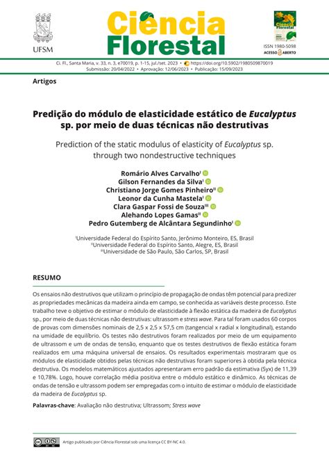 Pdf Predição Do Módulo De Elasticidade Estático De Eucalyptus Sp Por