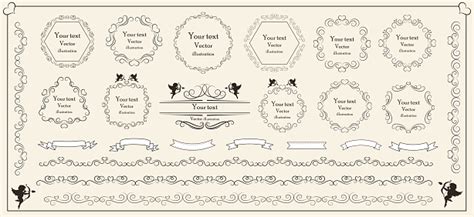 서예 디자인 요소 장식 소용돌이와 두루마리 빈티지 프레임 번성 라벨 및 칸막이 발렌타인 데이 스페셜 팩 디자인 요소 복고풍 벡터 일러스트레이션 귀여운에 대한 스톡 벡터 아트